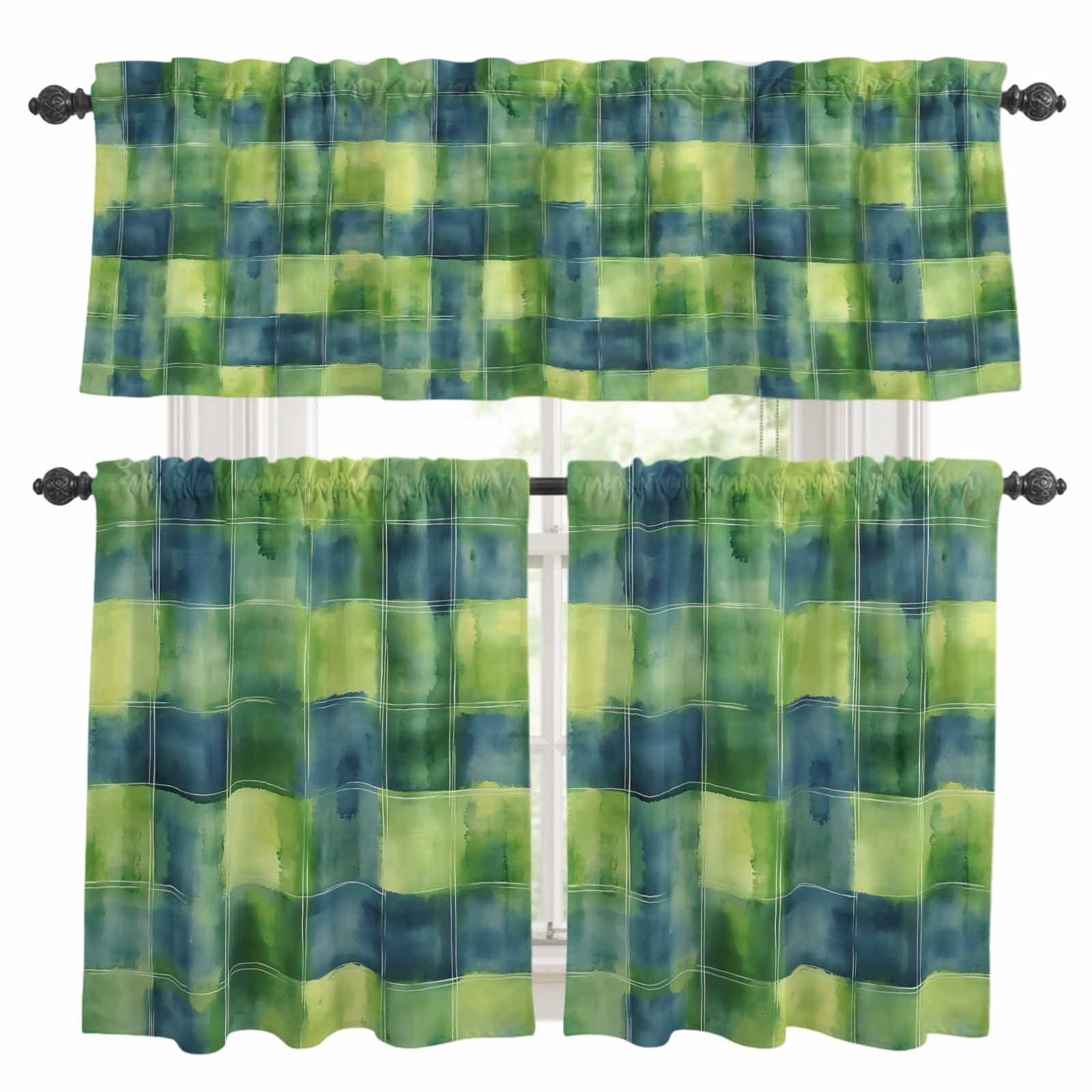 Blue Green Plaids Kitchen Curtains Valance and Tier Set Geometric ...