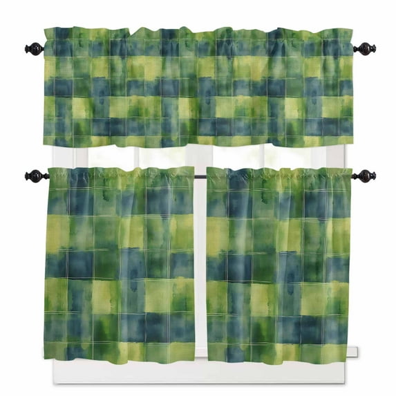 Blue Green Plaids Kitchen Curtains Valances and Tiers Set of 3 ...