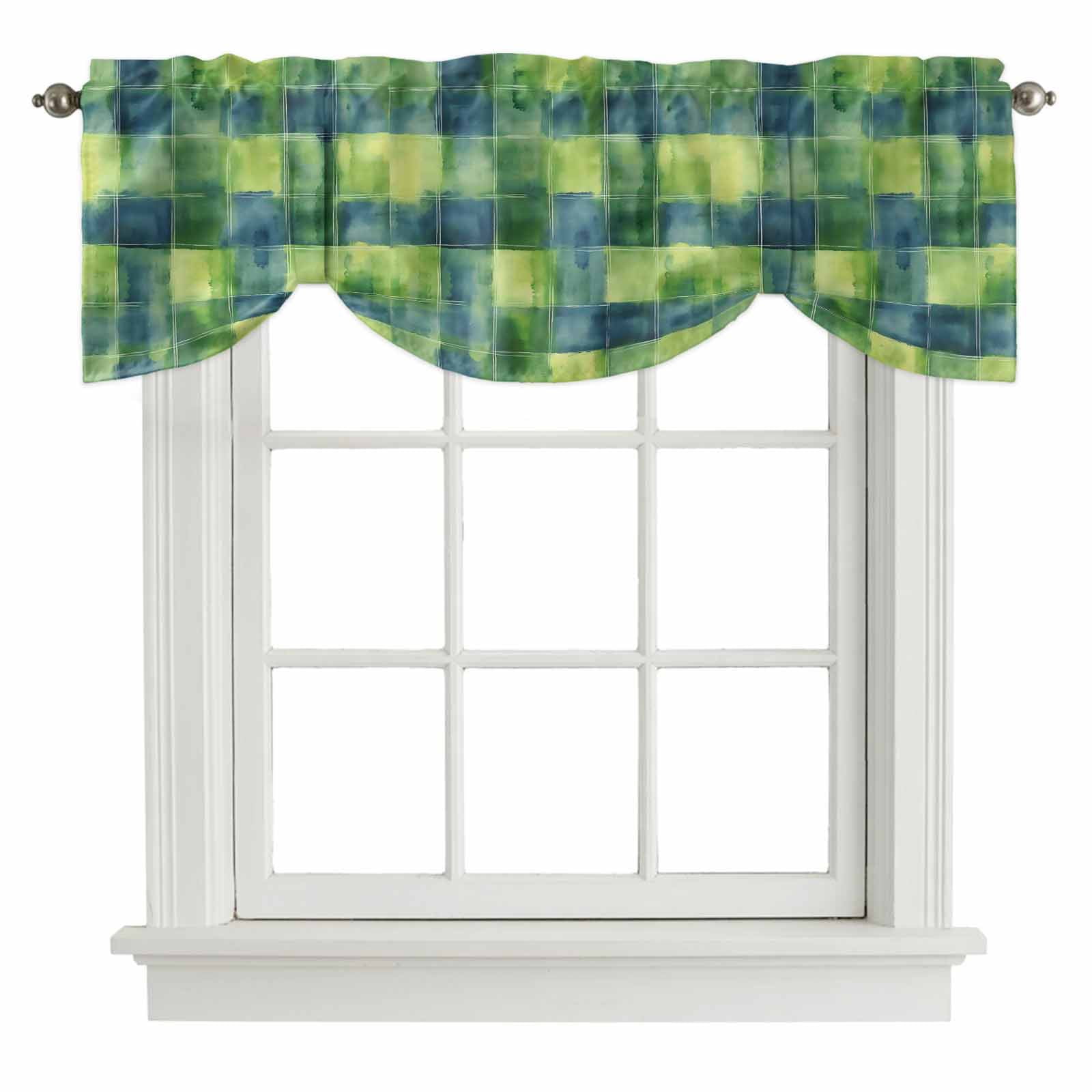 Blue Green Plaids Tie Up Valance for Windows, Geometric Watercolor ...