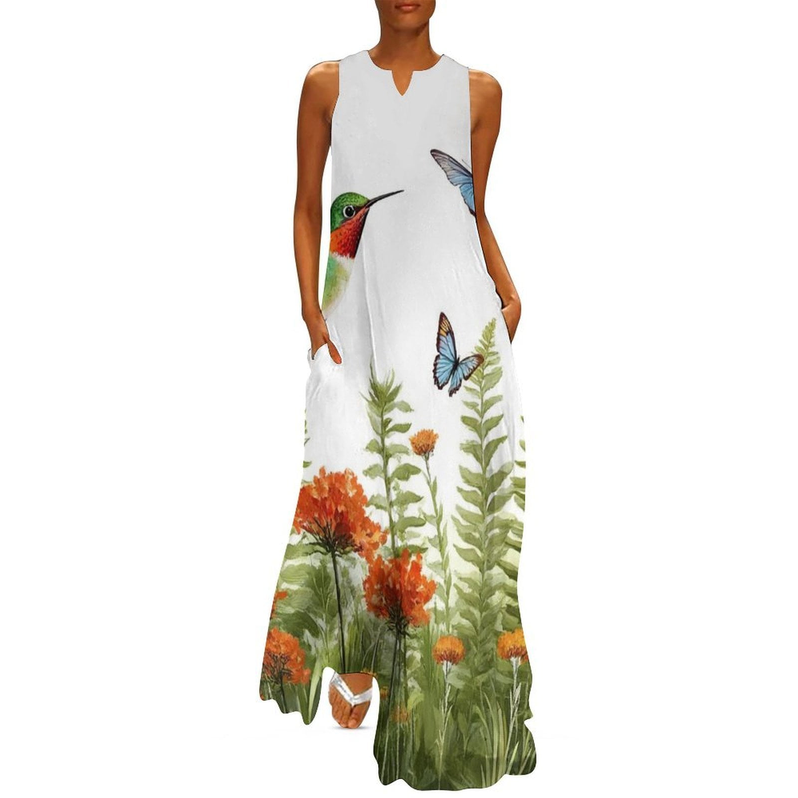 Blue Green Plants Spring Flowers Birds Long Dress luxury evening ...