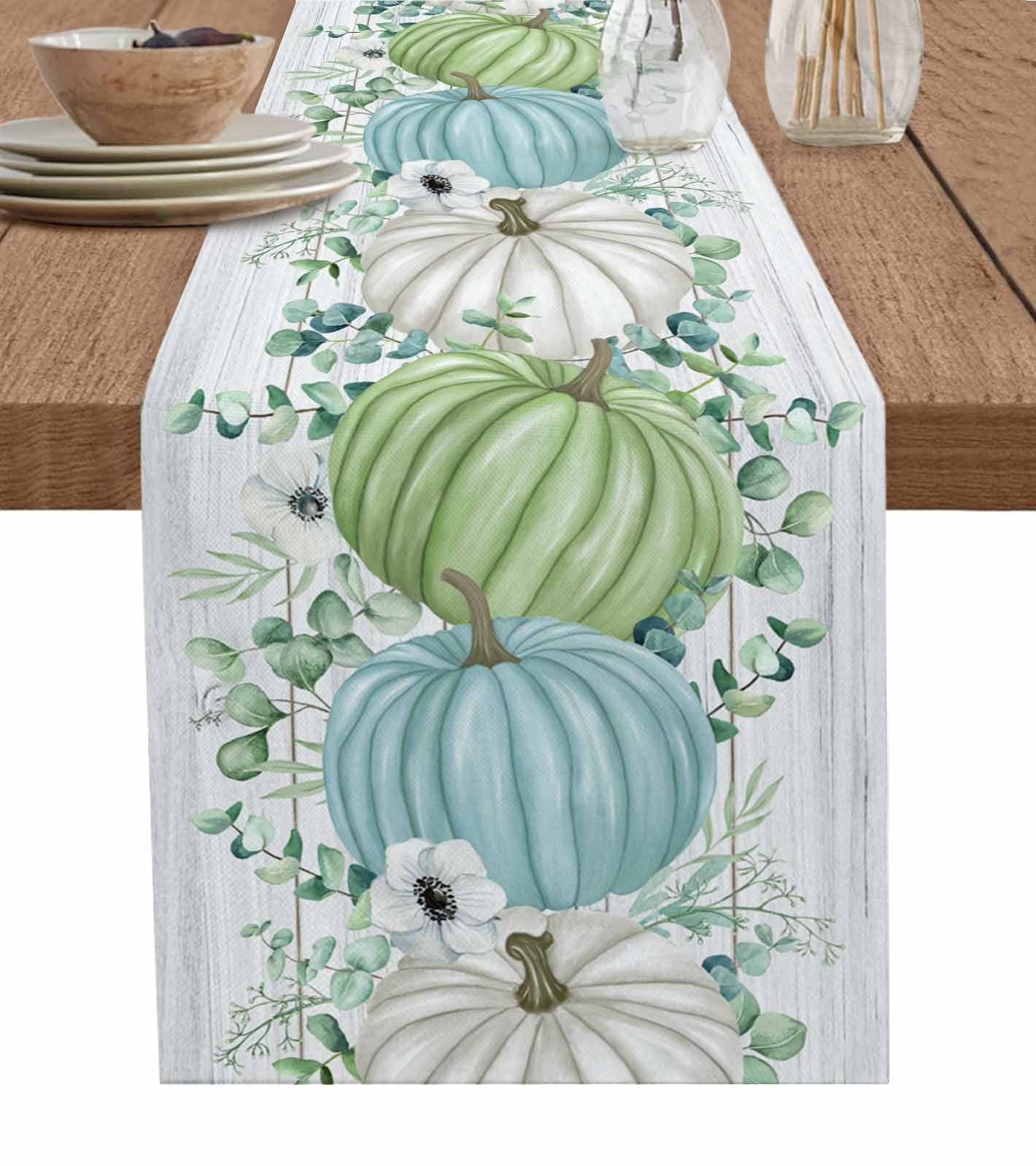 Blue Green Pumpkins Fall Burlap-Cotton Table Runner 108 Inches Long ...