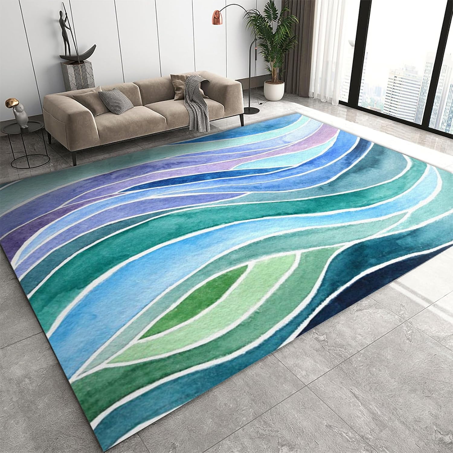 Blue-Green-Purple Gradient Color Rug for Living Room, Modern Flowing ...