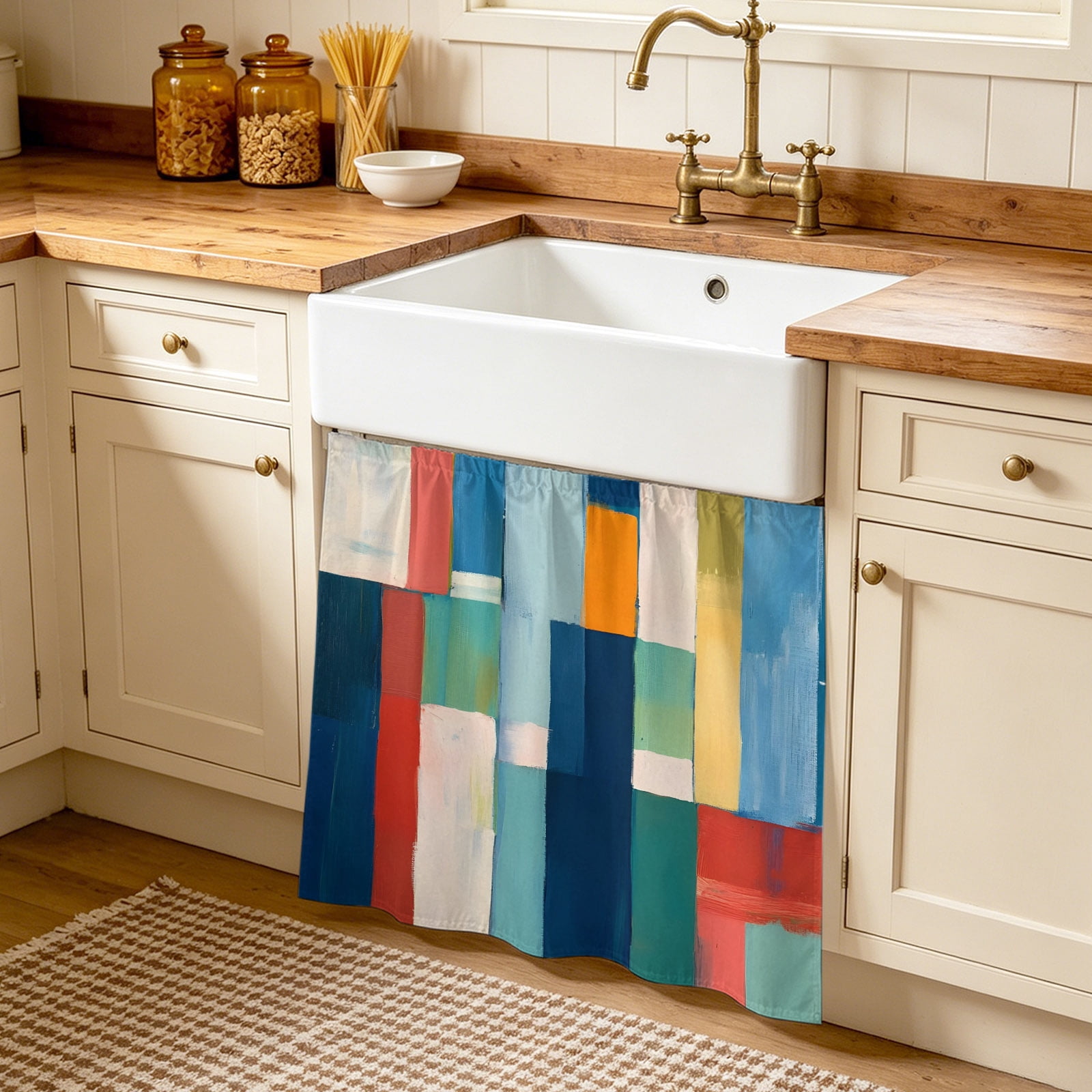 Blue Green Red Cabinet Curtains 35"W x 35"L, Vintage Abstract Colorful ...