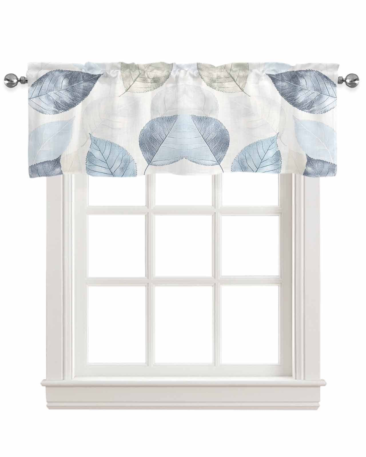 Blue Green Retro Leaves Kitchen Valances for Windows Farmhouse Linen ...