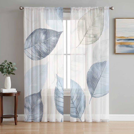 Blue Green Retro Leaves Sheer Curtains 63 Inch Length 2 Panels Set ...