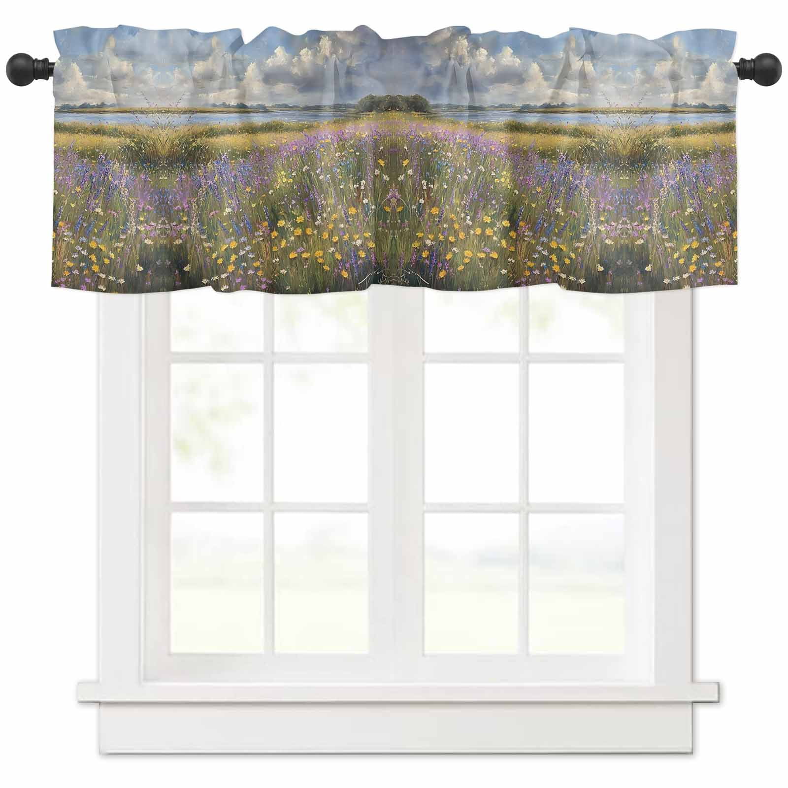 Blue Green Retro Leaves Valances for Windows Farmhouse Kitchen Curtains ...