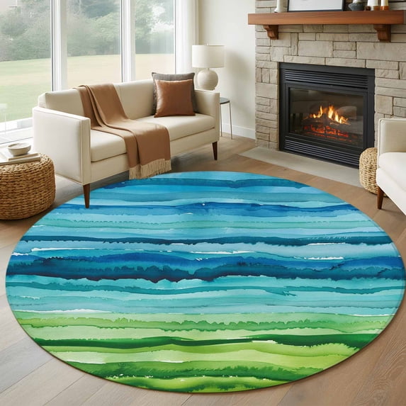 Blue Green Round Area Rug 5 FT, Non Slip Bedroom Rugs, Gradient ...