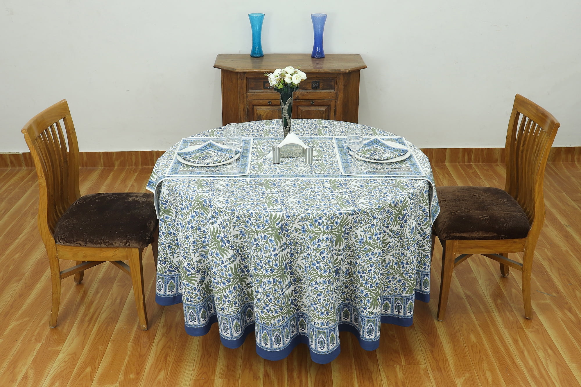 Blue & Green Round Tablecloth, Dining Table Cover, Block Printed ...