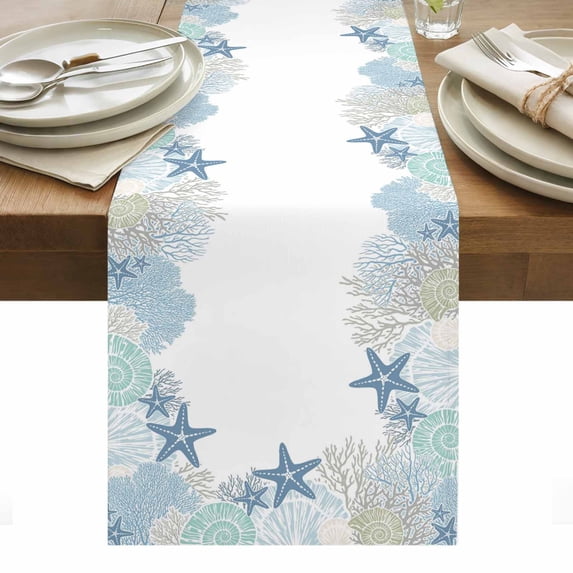 Blue Green Sea Cotton Linen Table Runner Nautical Ocean Watercolor ...