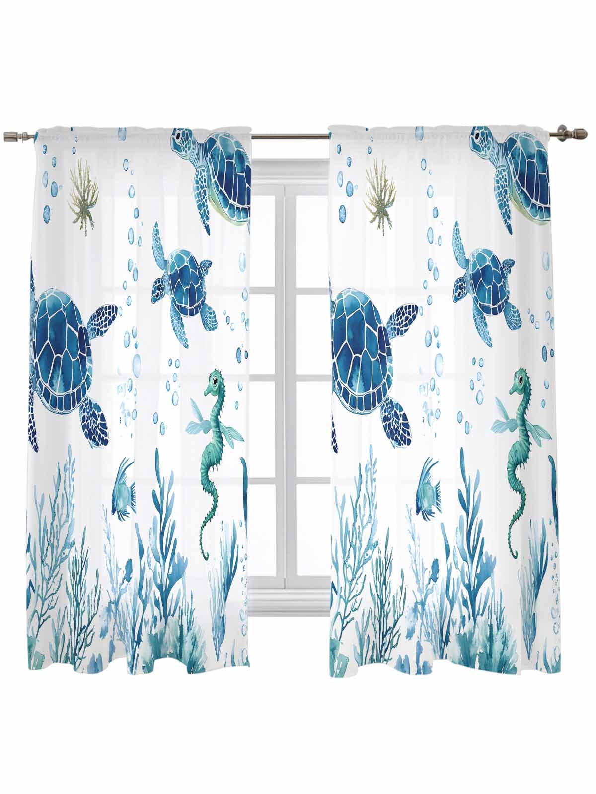Blue Green Sea Turtle Curtains 72 Inch Length,Sheer Curtains for ...