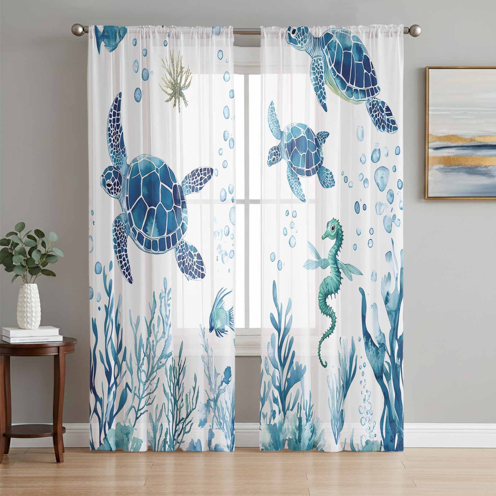 Blue Green Sea Turtle Semi Sheer Curtains 96 Inch Length 2 Panels Set ...