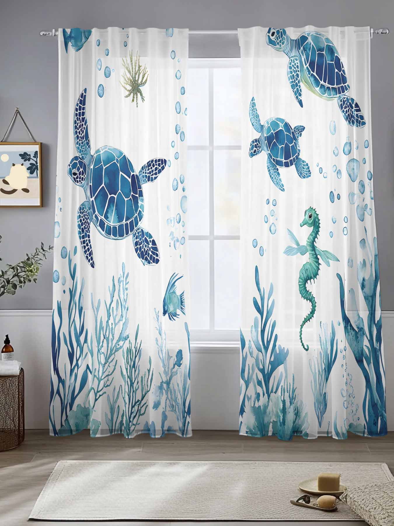 Blue Green Sea Turtle Sheer Curtains for Living Room Bedroom Summer ...