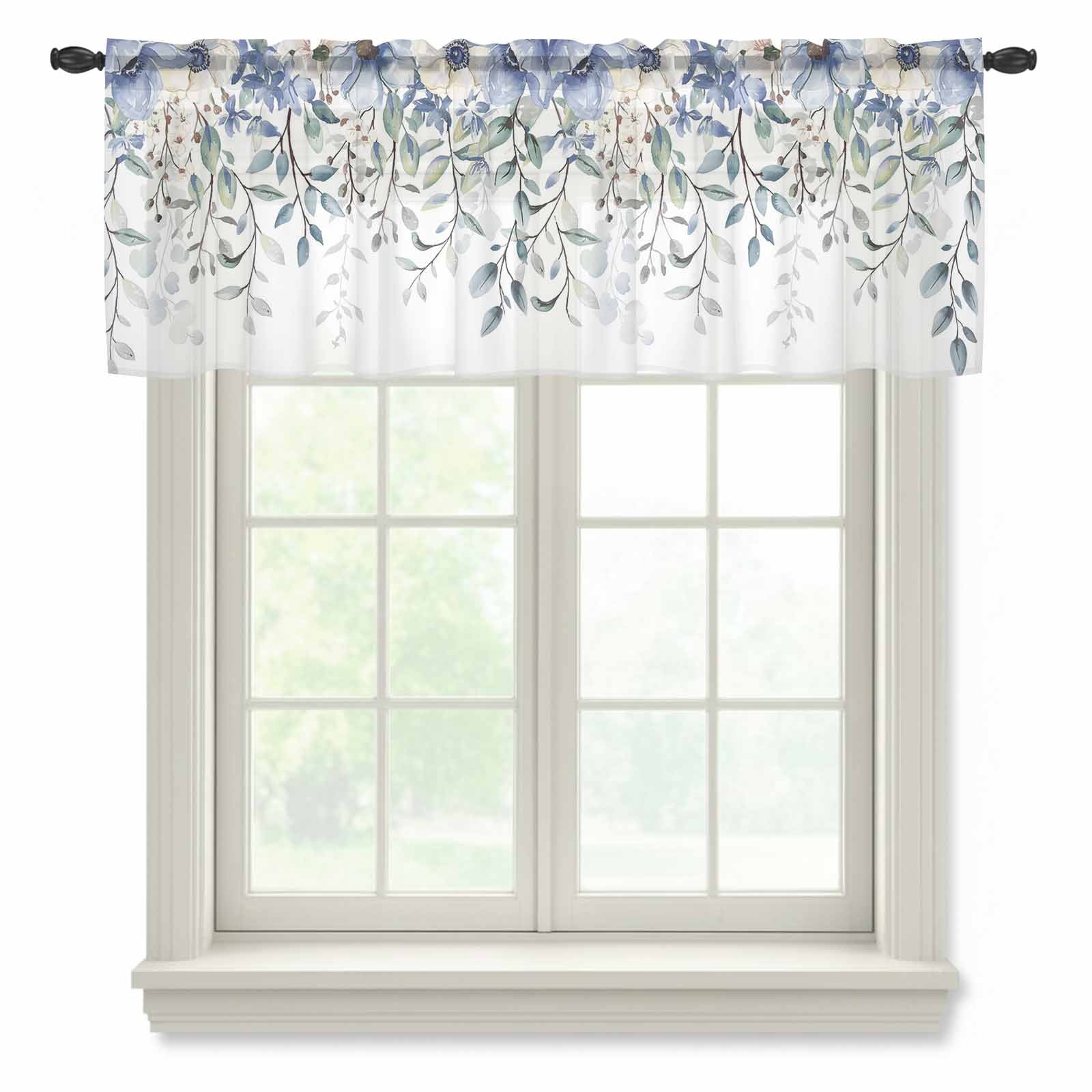 Blue Green Semi Sheer Valance Curtains Flowers Eucalyptus Leaves ...