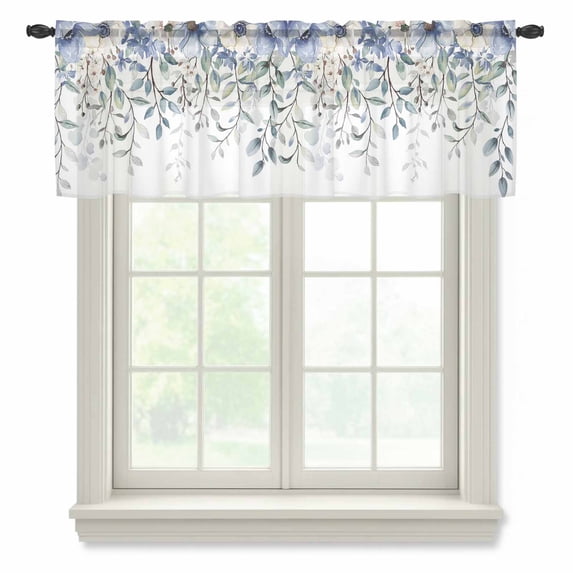 Blue Green Semi Sheer Valance Curtains Flowers Eucalyptus Leaves ...