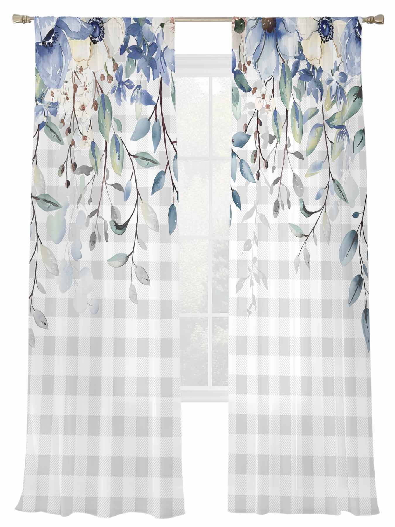 Blue Green Sheer Curtains 2 Panels Set Flowers Eucalyptus Leaves Grey ...