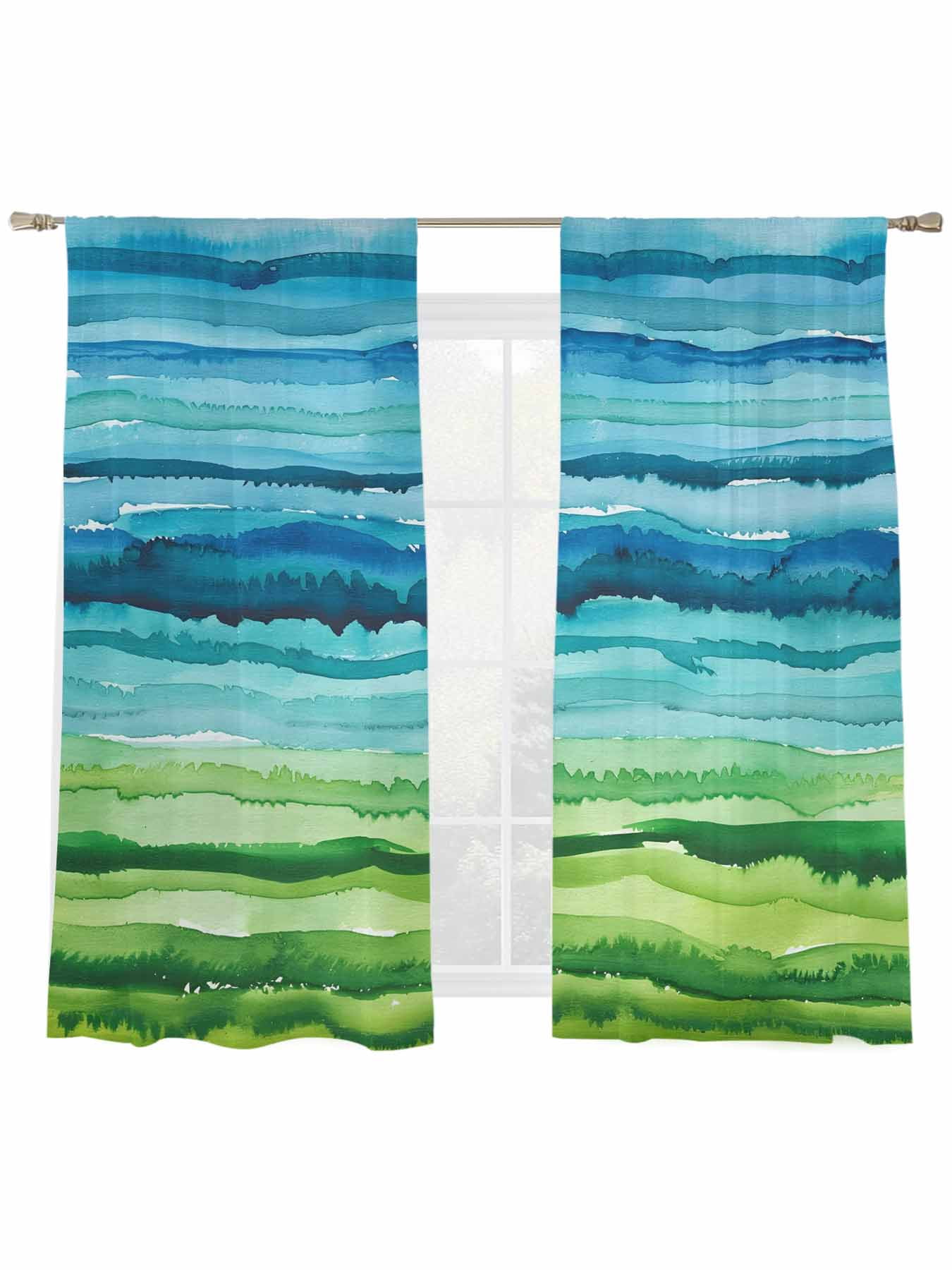 Blue Green Sheer Curtains 63 Inch Length 2 Panels Set, Semi Transparent Voile Rod Pocket ...