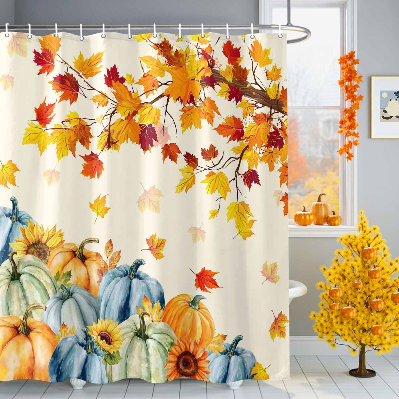 Blue Green Shower Curtains for Bathroom, Orange Pumpkin Autumn Fallen ...
