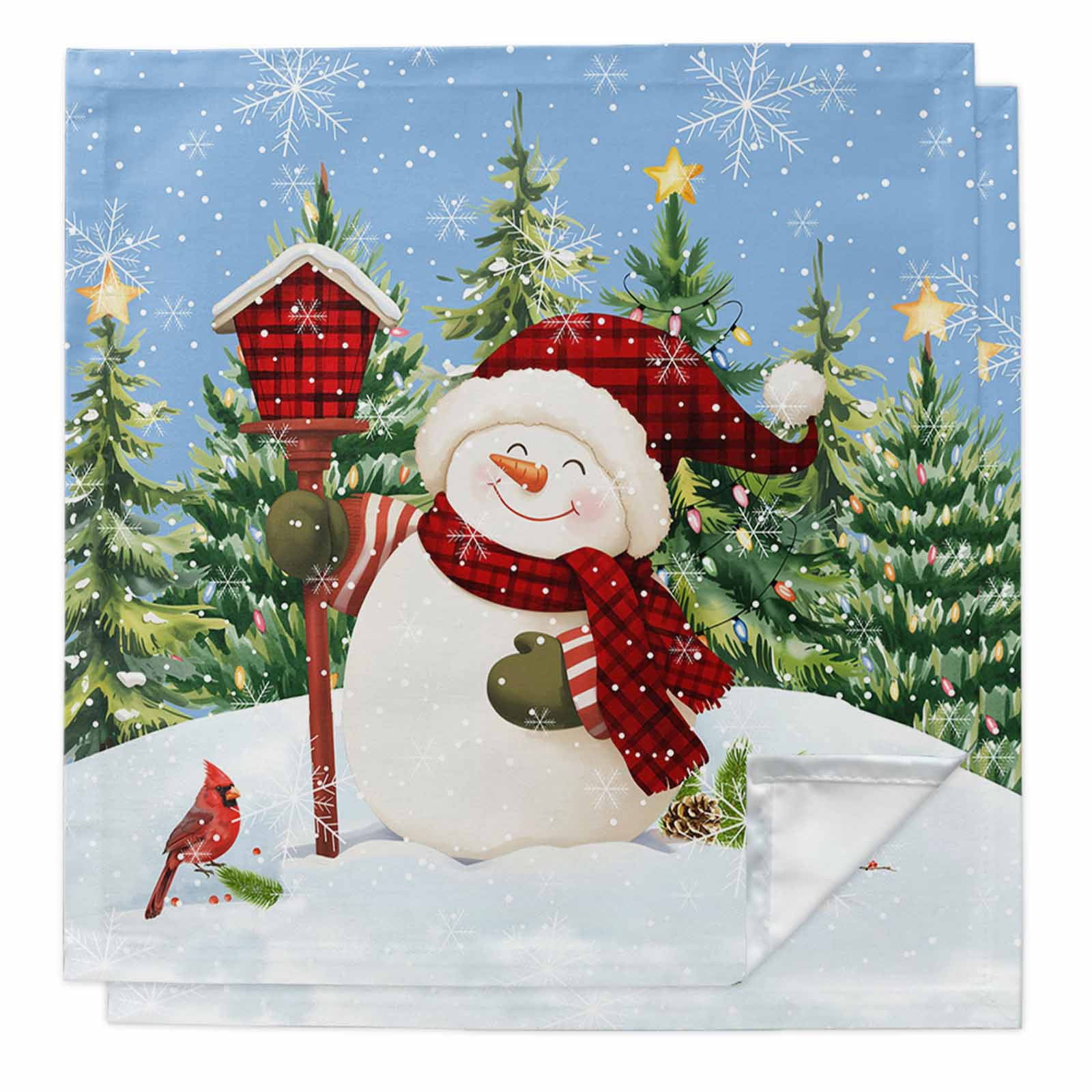 Blue Green Snowman Christmas Cloth Napkins Washable Set of 2, Xmas Tree ...