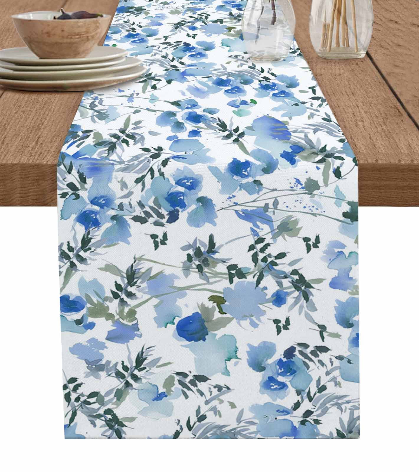 Blue Green Spring Floral Burlap Cotton Table Runner 13x90 Inches Long ...
