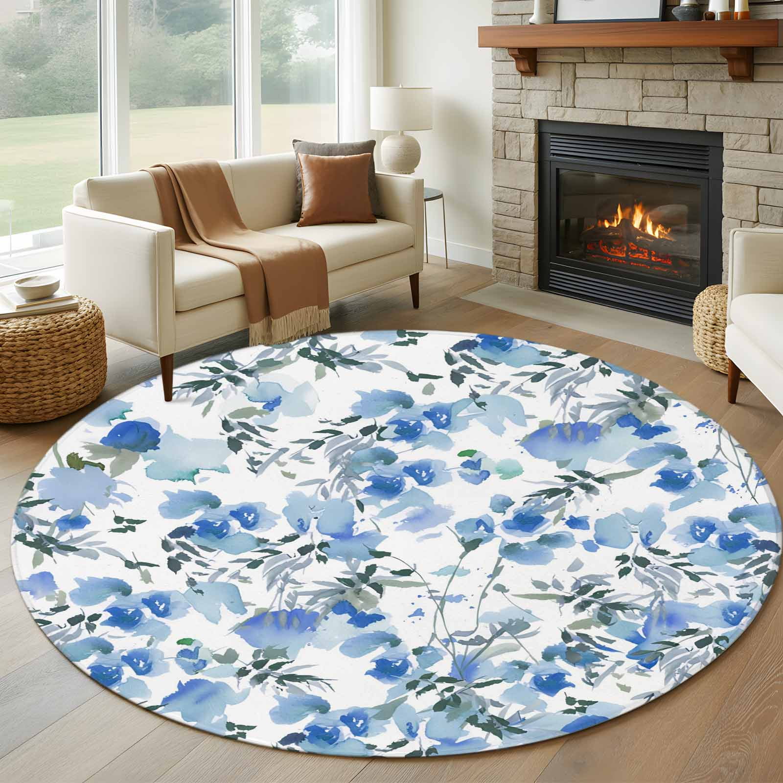 Blue Green Spring Floral Round Rug 5ft Washable Circle Kitchen Rugs Non ...