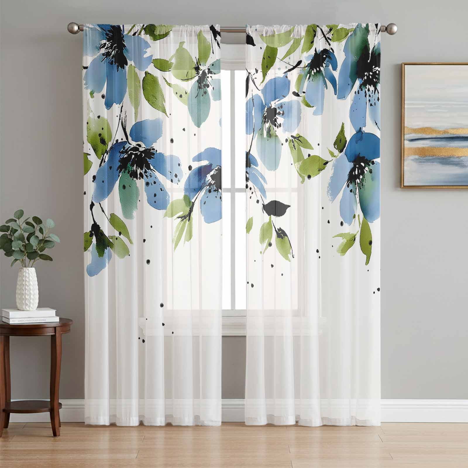 Blue Green Spring Floral Sheer Curtains 63 Inch Length 2 Panels Set ...