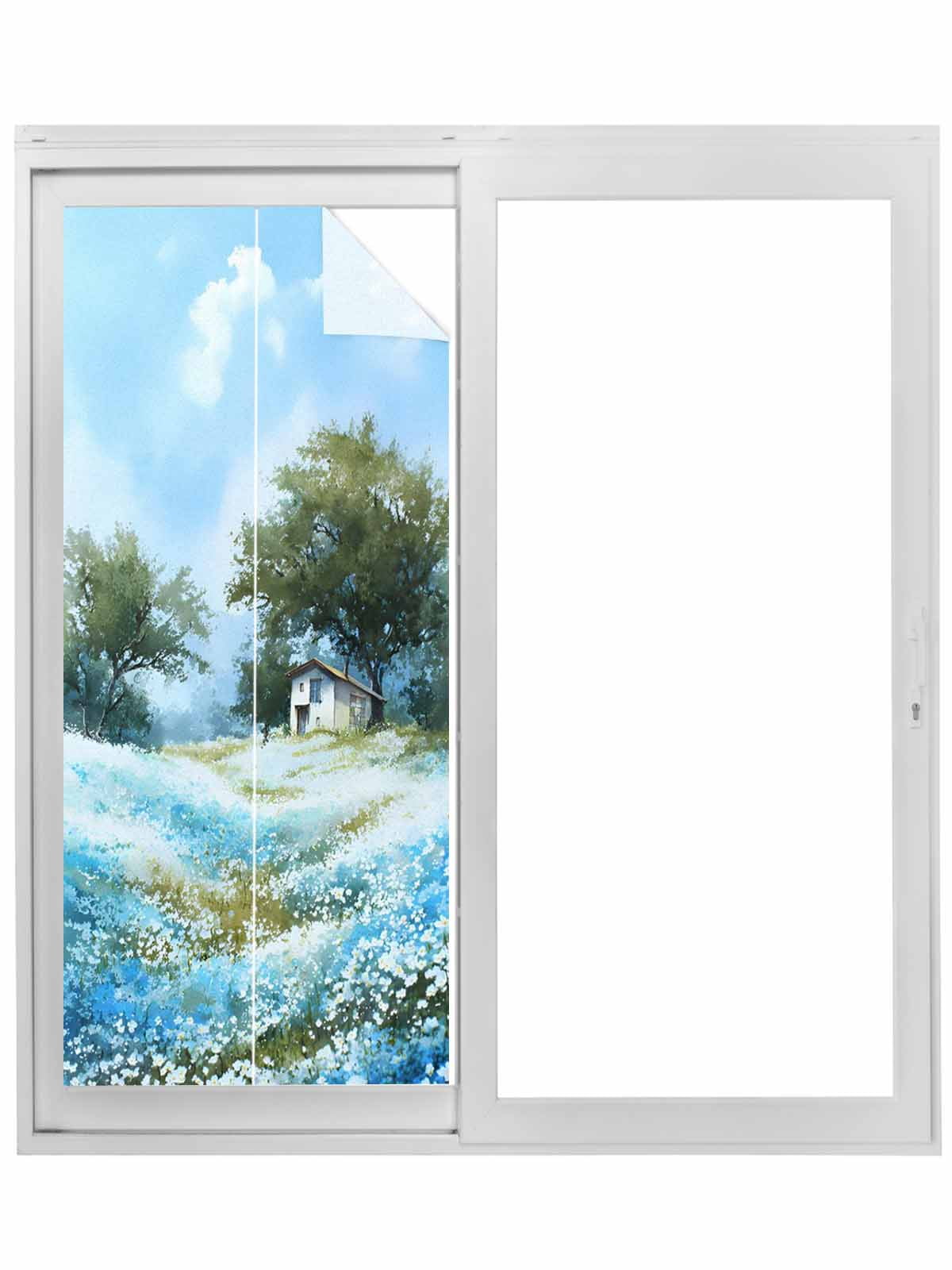 Blue Green Spring Window Privacy Film, Watercolor Flower Trees Nature ...