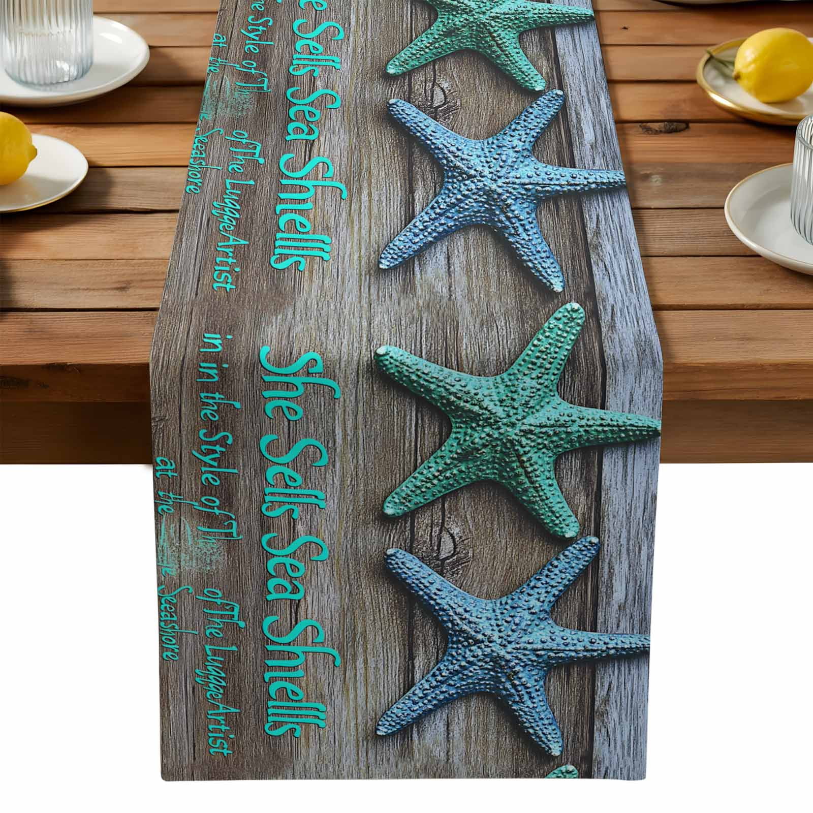 Blue Green Starfish Table Runner, Coastal Ocean Farmhosue Wood Plank ...