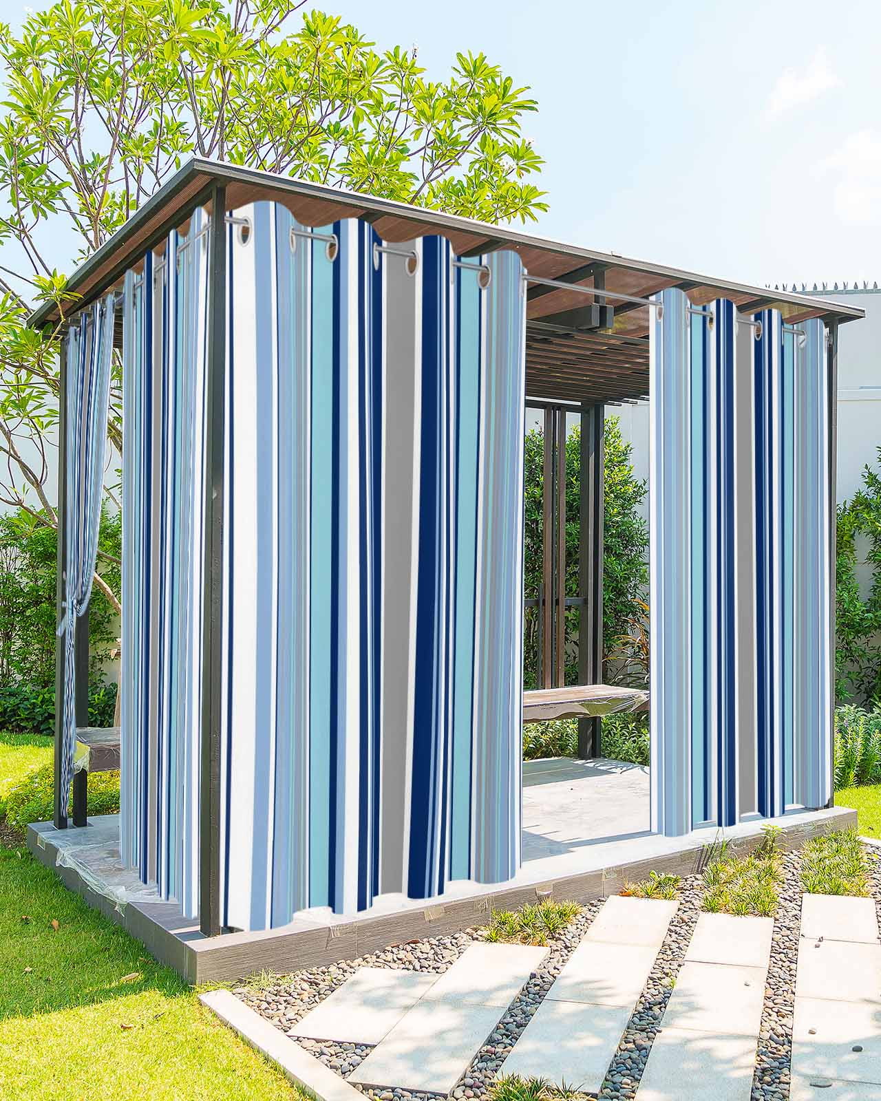 Blue Green Striped Outdoor Curtains for Patio, Colorful Abstract ...