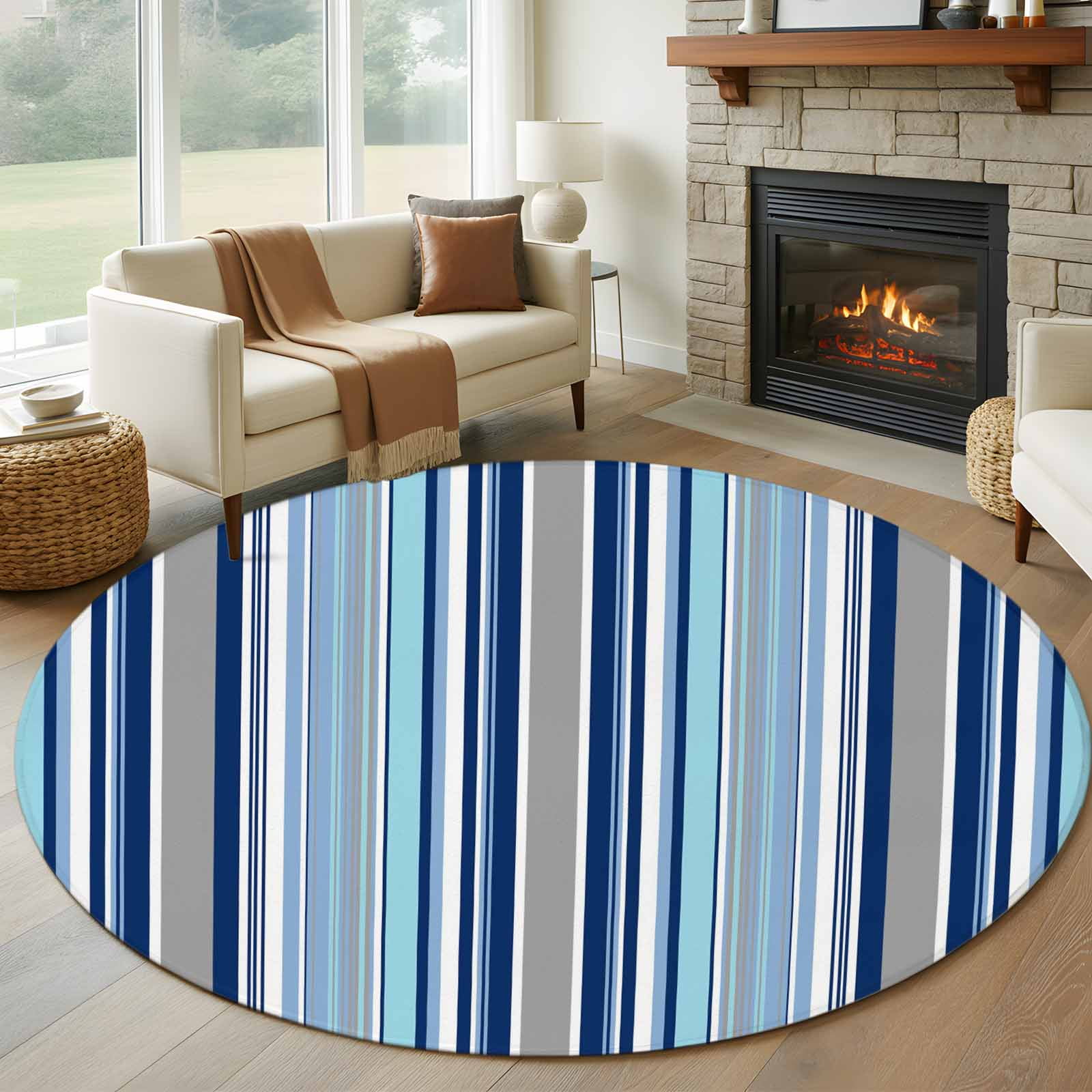 Blue Green Striped Round Rug 8ft Washable Circle Rugs Non Slip Colorful ...
