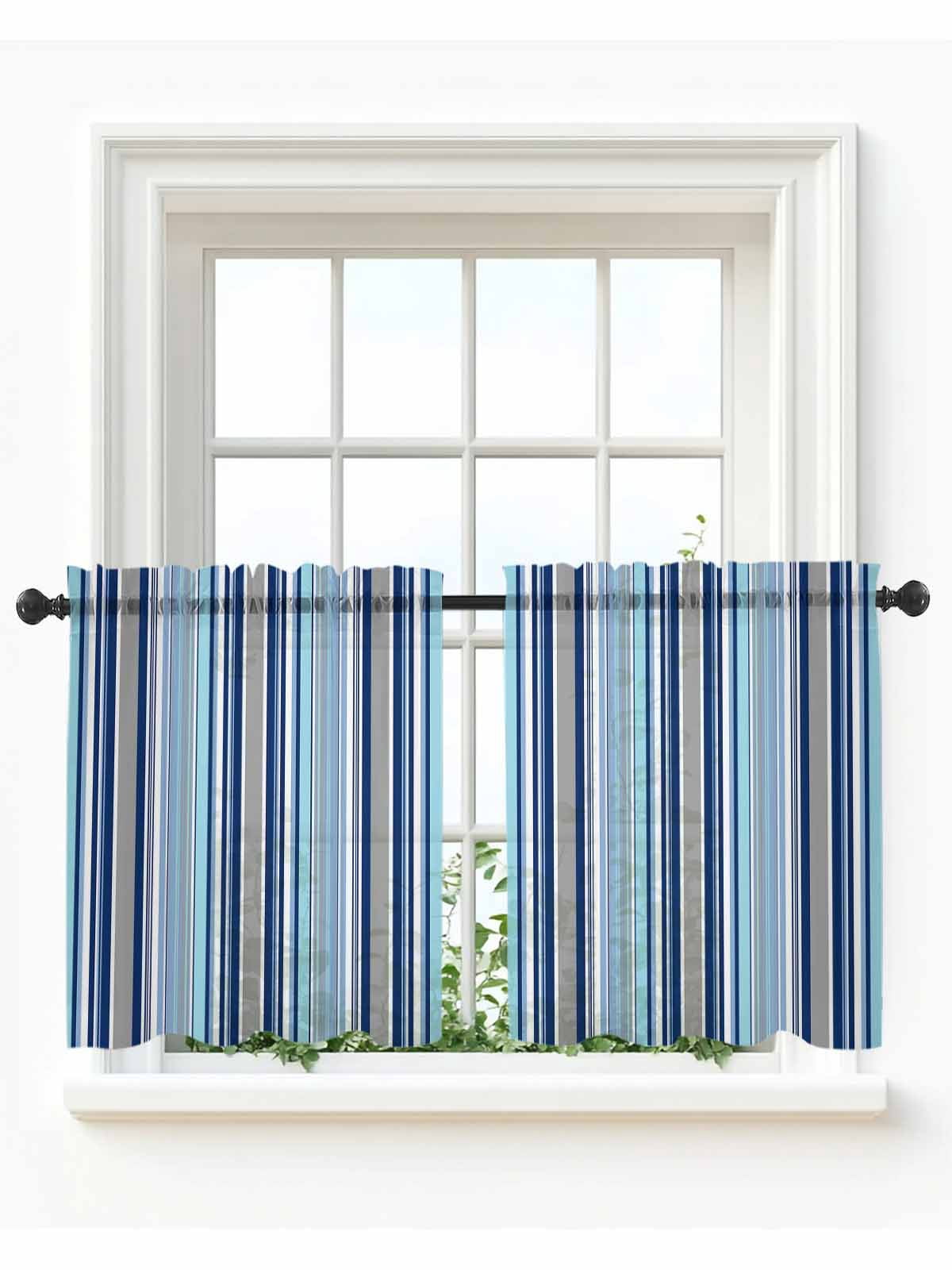 Blue Green Striped Tier Curtains 36 Inch Length,Sheer Curtains for ...