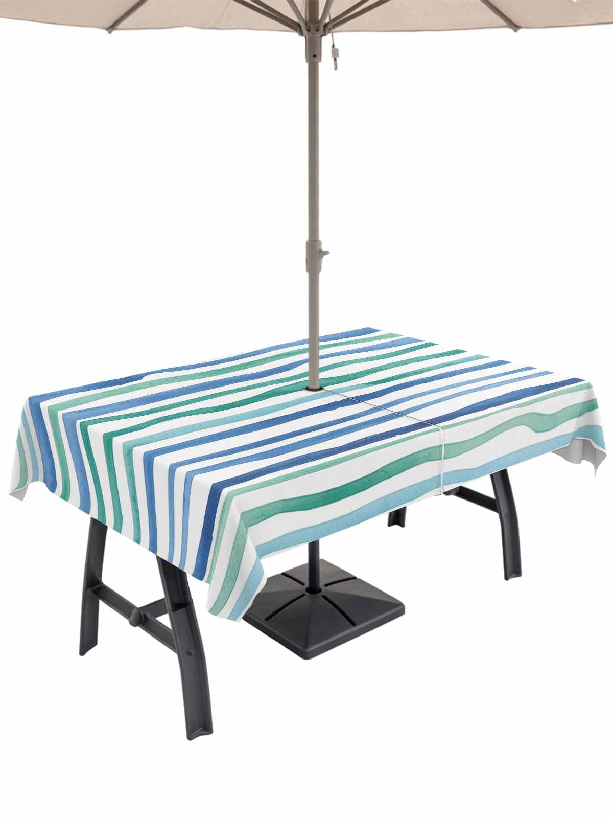 Blue Green Stripes Rectangle Outdoor Tablecloth with Umbrella Hole ...