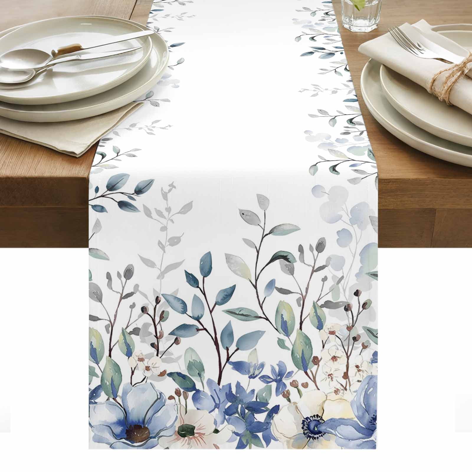 Blue Green Table Runner 16 x 72 Inch, Flowers Eucalyptus Leaves ...