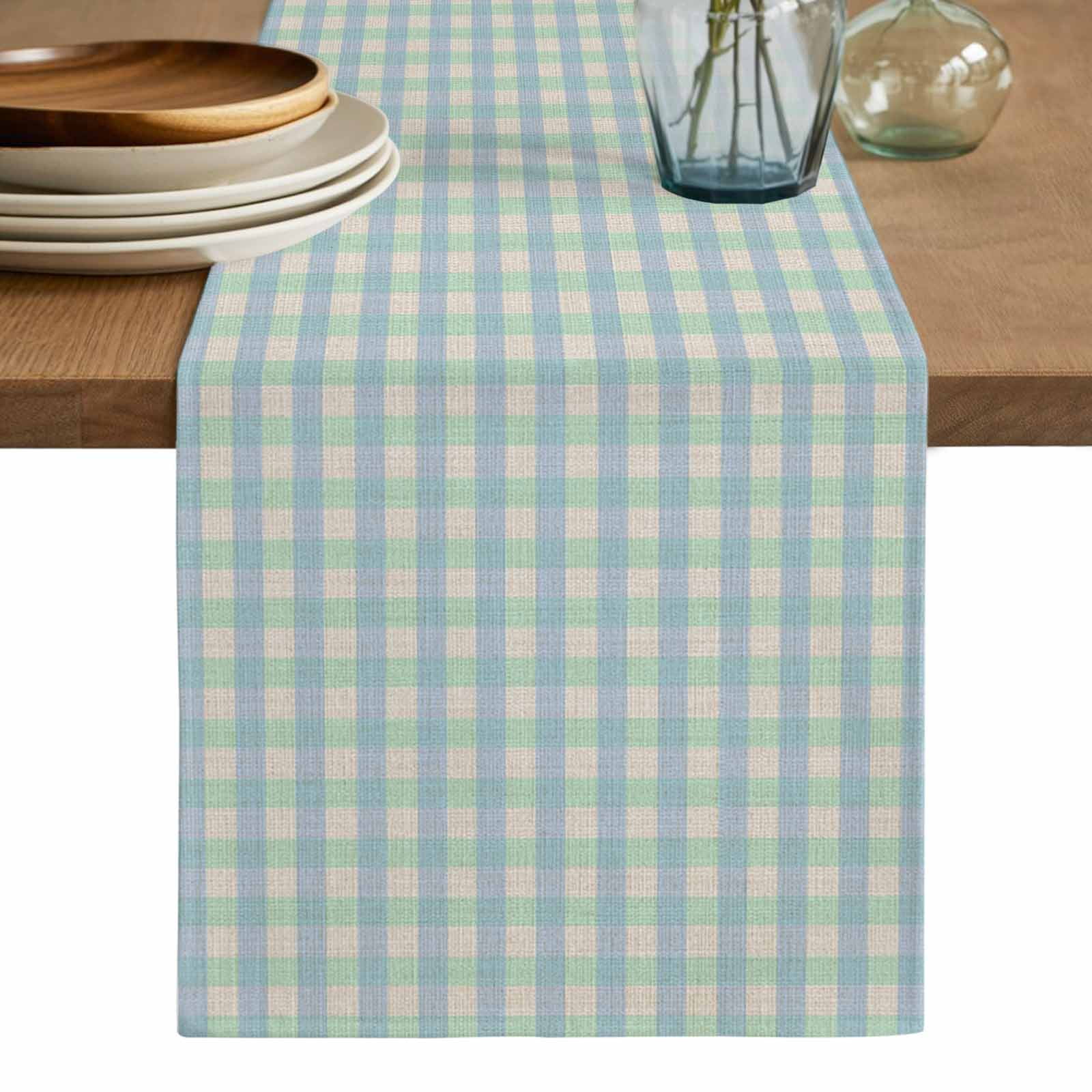 Blue Green Table Runner, Grid Checkered Plaid Gingham Lattice Trellis ...