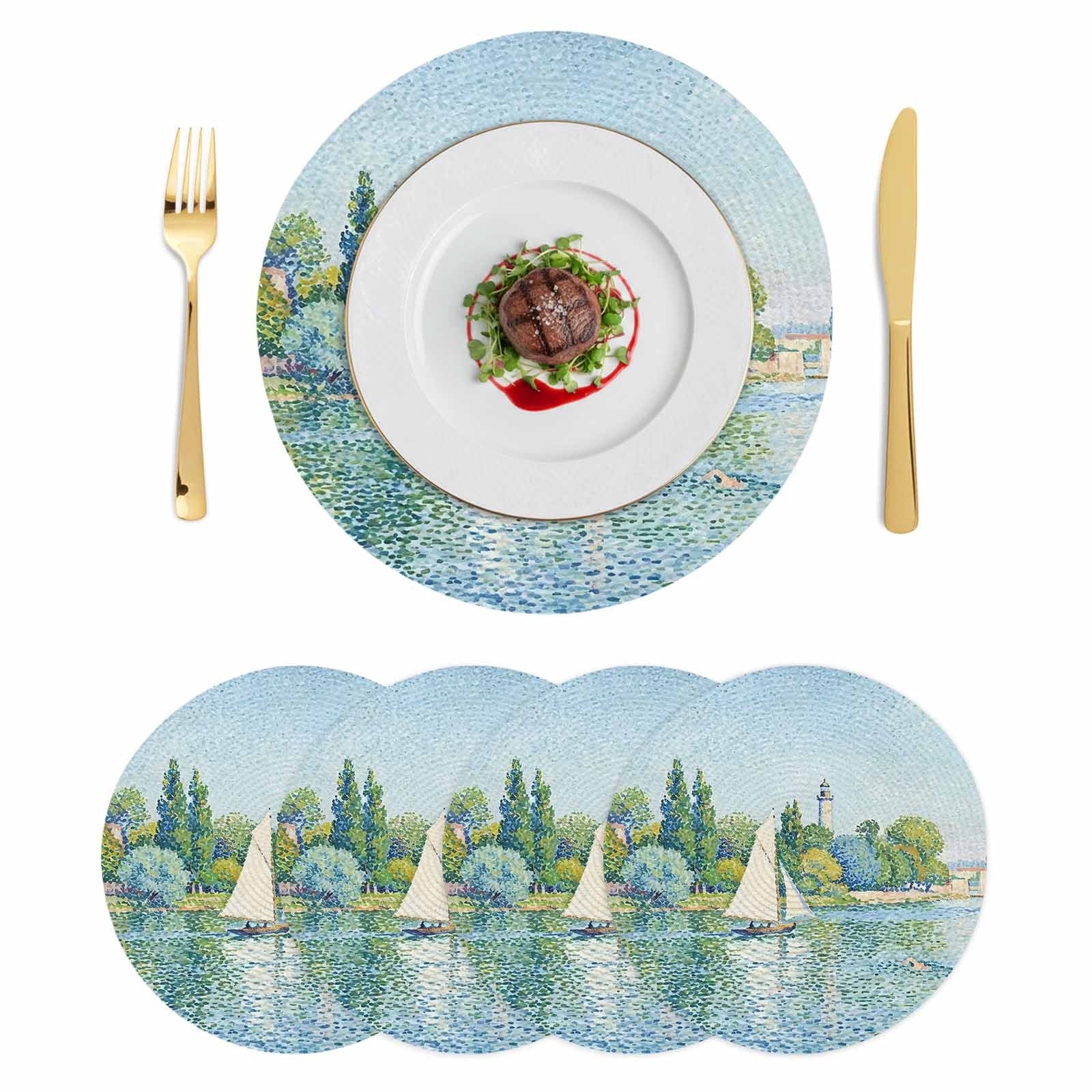 Blue Green Trees Round Placemats Set of 4 Modern Watercolor Botanical ...