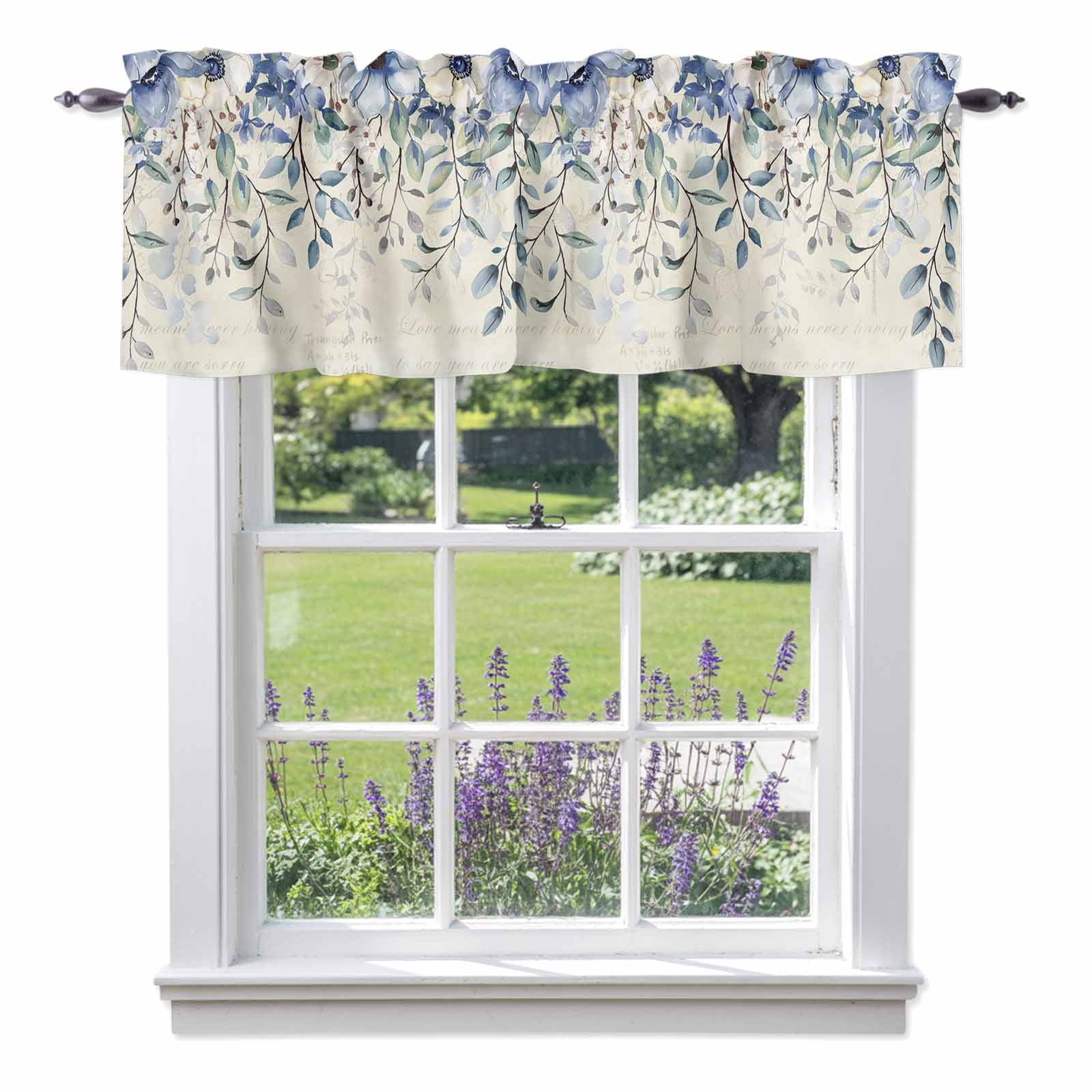Blue Green Valances for Windows, Flowers Eucalyptus Leaves Vintage ...
