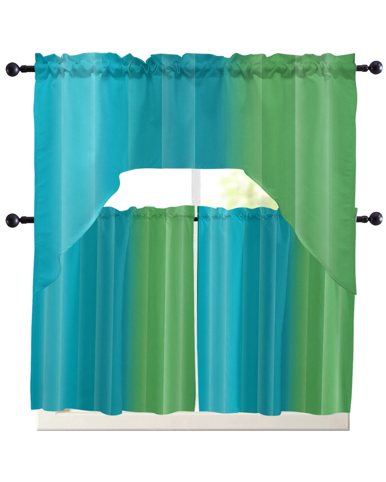 Blue Green Vertical Stripes Kitchen Curtains Sets 24 Inch Length with ...
