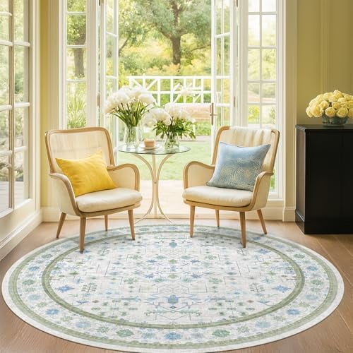 Blue and Green Washable Circle Rug for Bedroom, Oushak 6ft Round Rugs ...