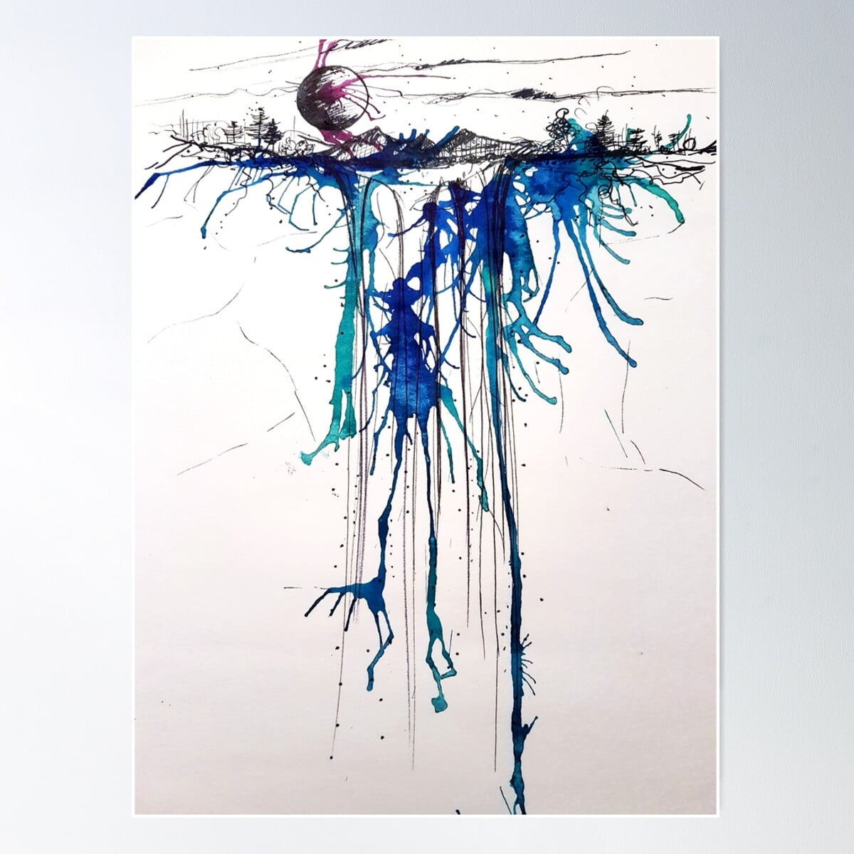 Blue Green Waterfall Landscape Poster Wall Art, Modern Wall Decor For ...