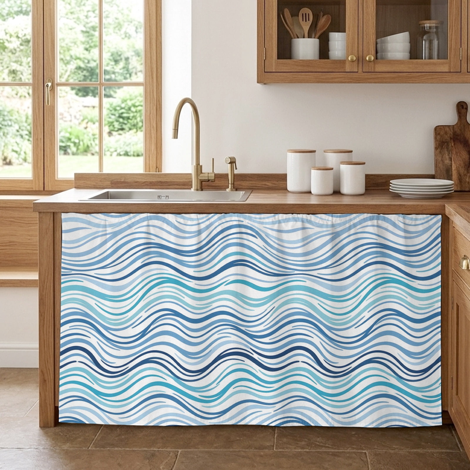 Blue Green Wave Line Cabinet Curtains for Kitchen 28"W x 51"L, Abstract ...