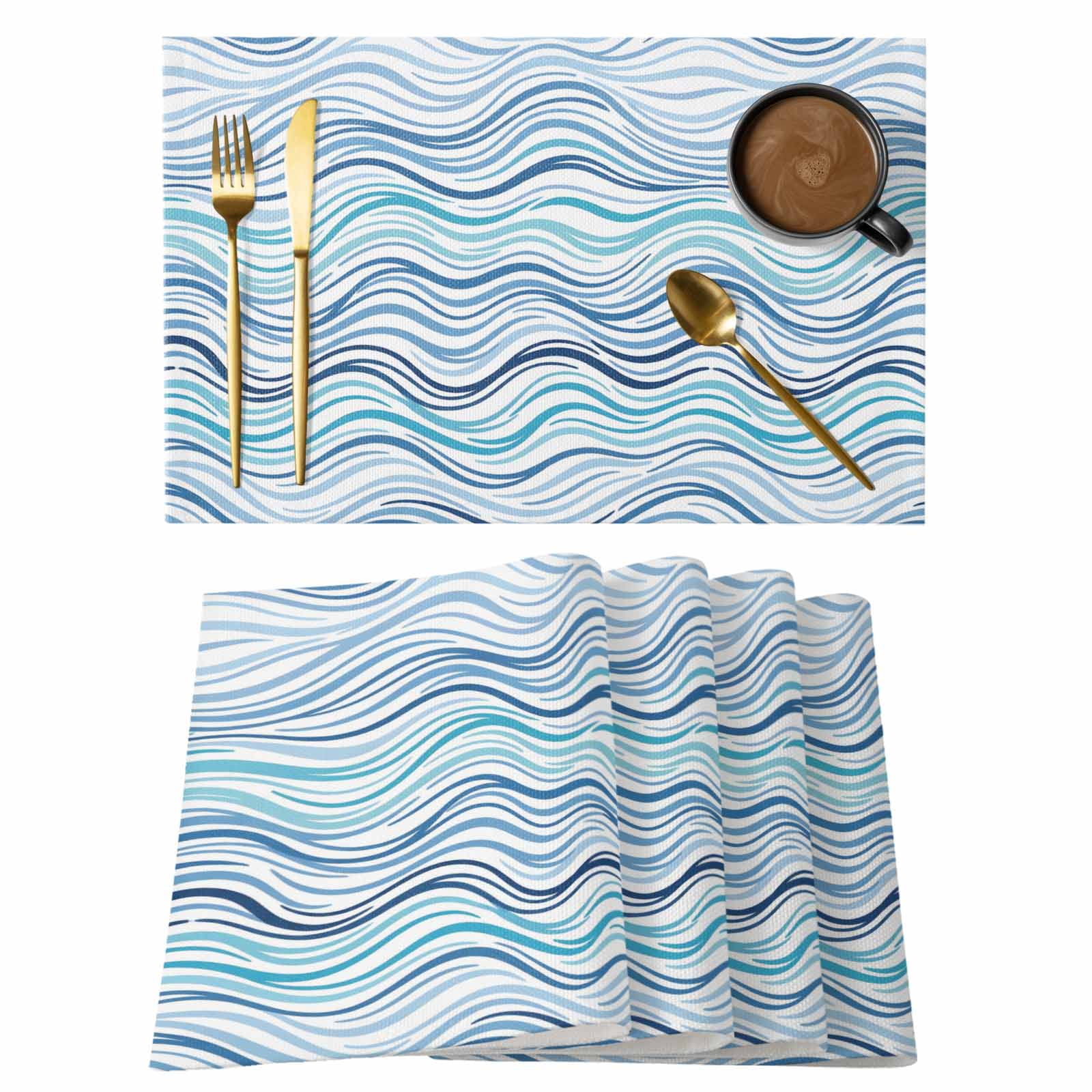 Blue Green Wave Line Cotton Linen Placemats Set of 1, Abstract Navy ...