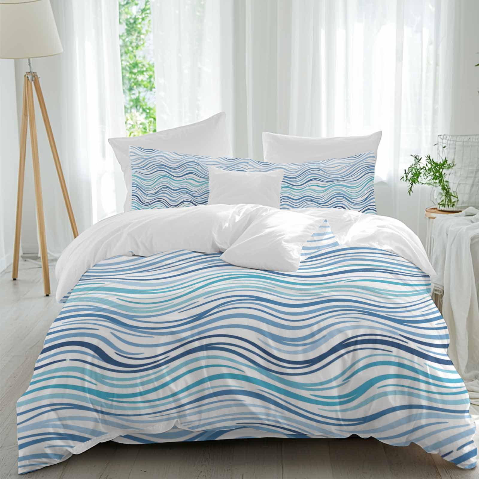 Blue Green Wave Line Full Size Comforter Set, Abstract Navy Line Modern ...