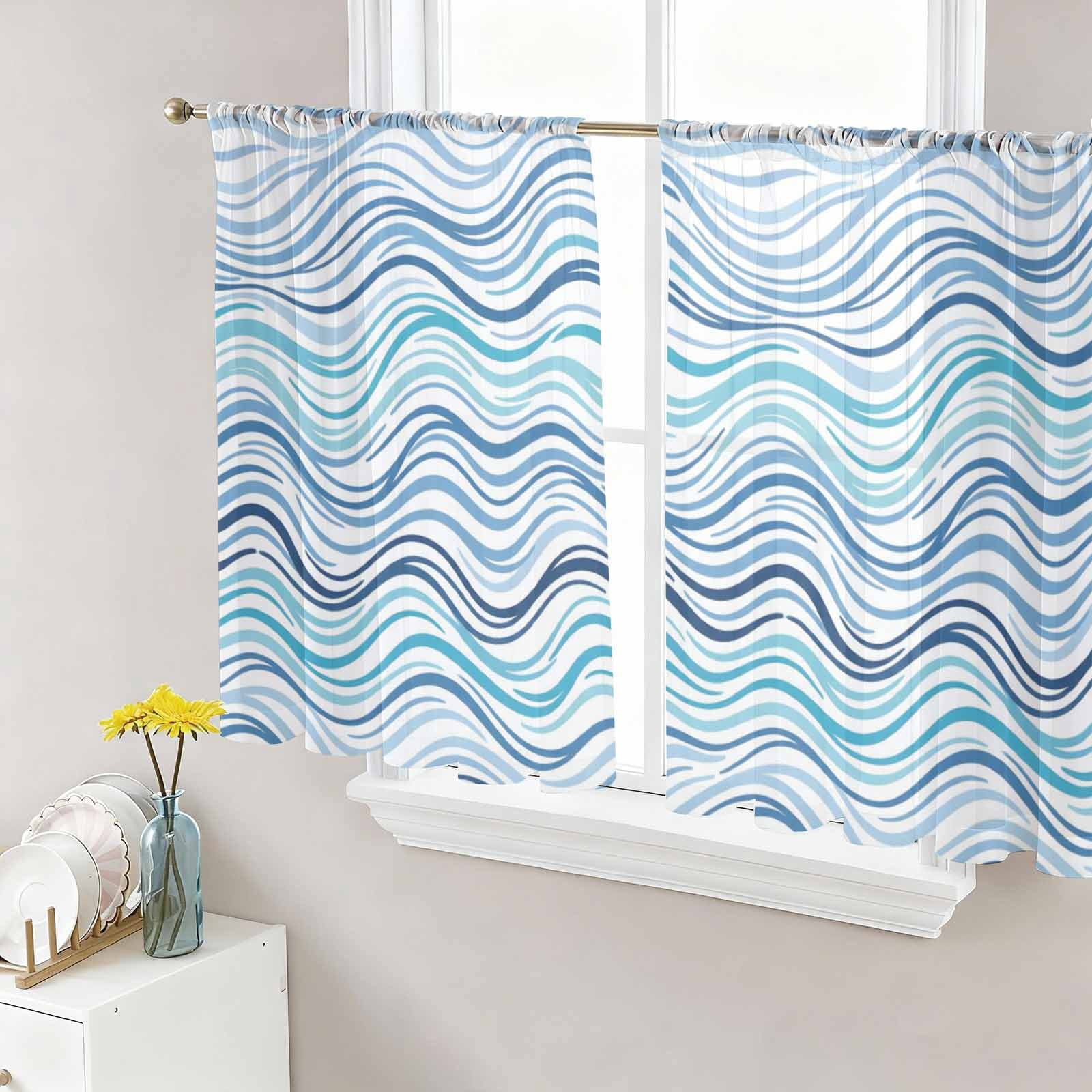 Blue Green Wave Line Sheer Curtains for Living Room Bedroom, Abstract ...
