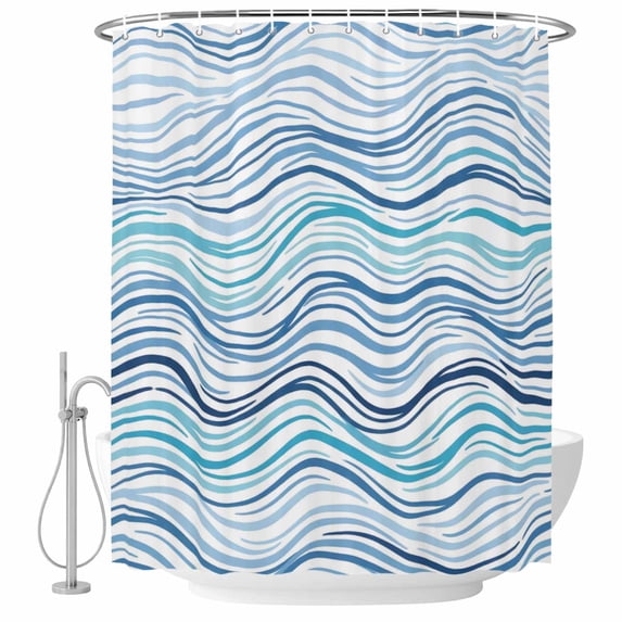Blue Green Wave Line Shower Curtain for Bathroom, Abstract Navy Line ...