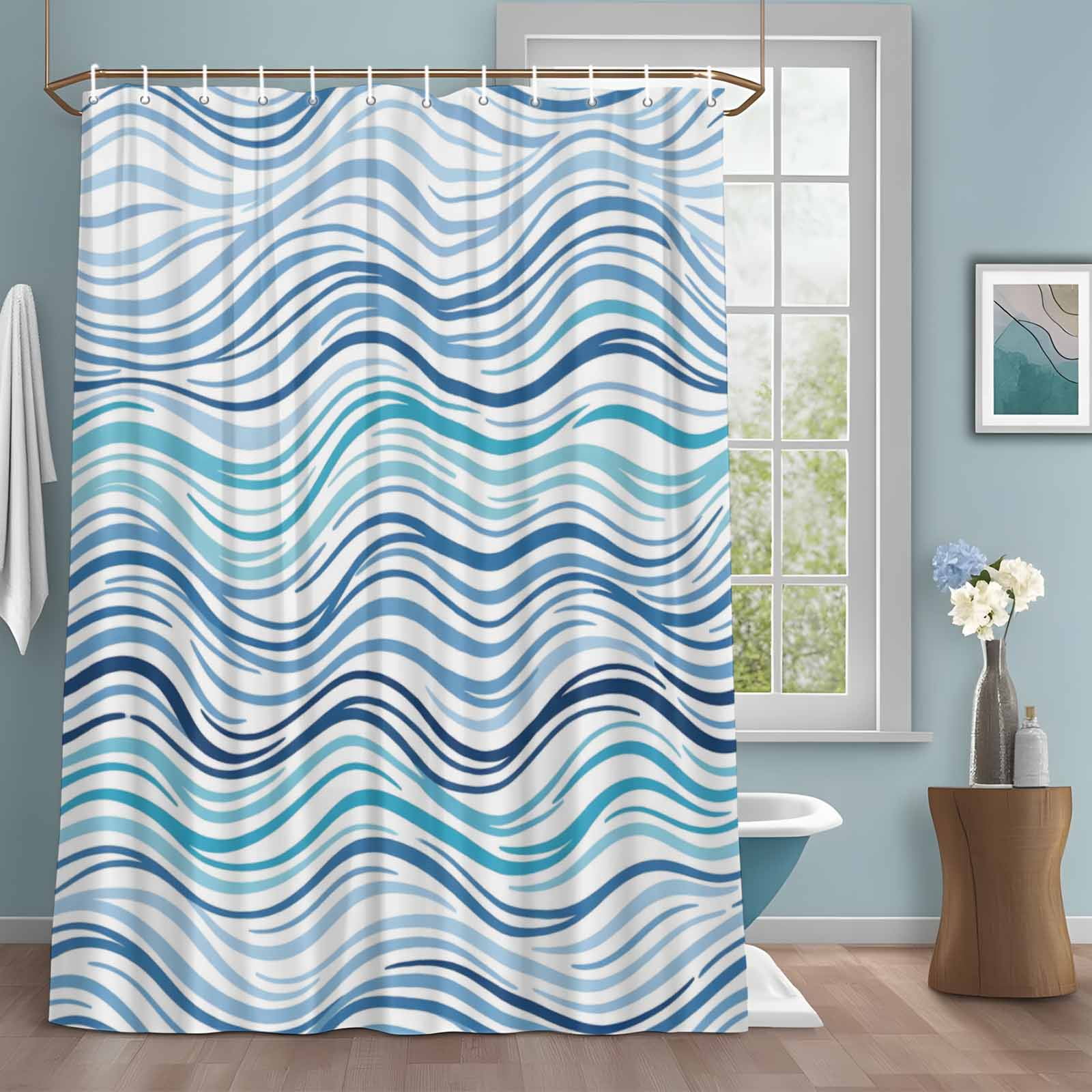Blue Green Wave Line Shower Curtain with Hooks, Abstract Navy Line ...