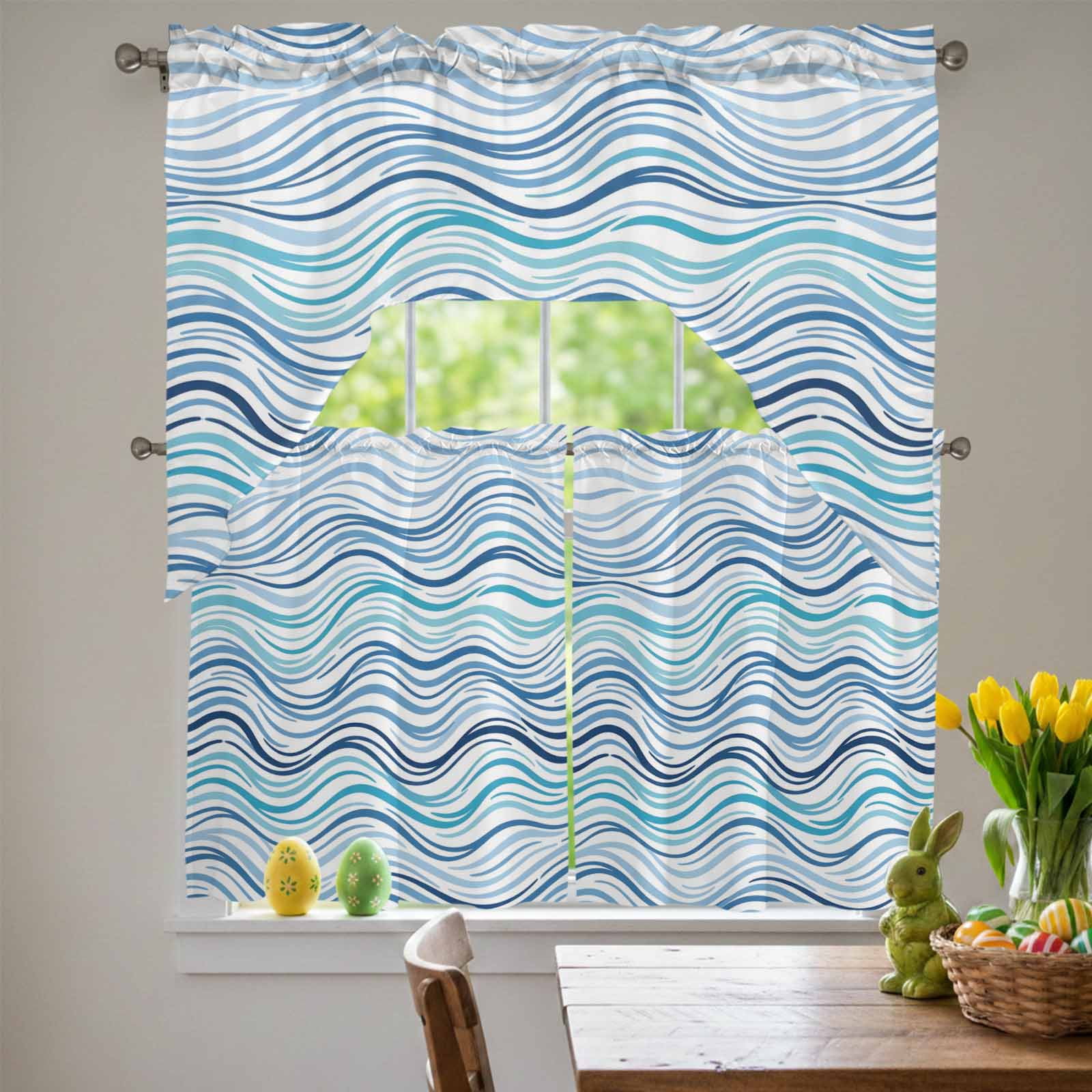 Blue Green Wave Line Swag Curtains Valance & Tier Set, Abstract Navy ...