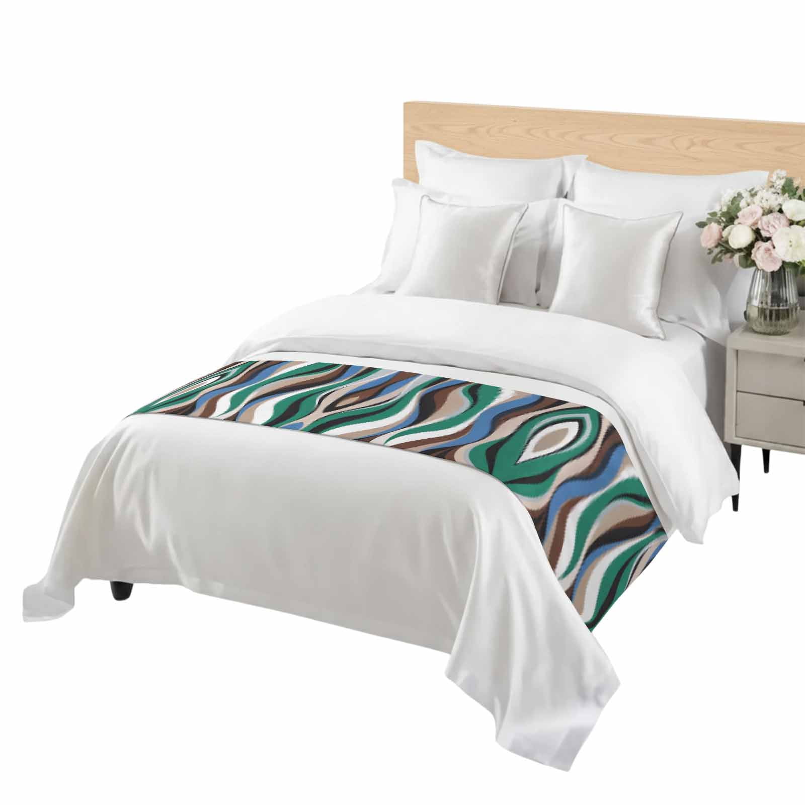 Blue Green White Stripes Bed Runner Queen Size Abstract Geometric ...