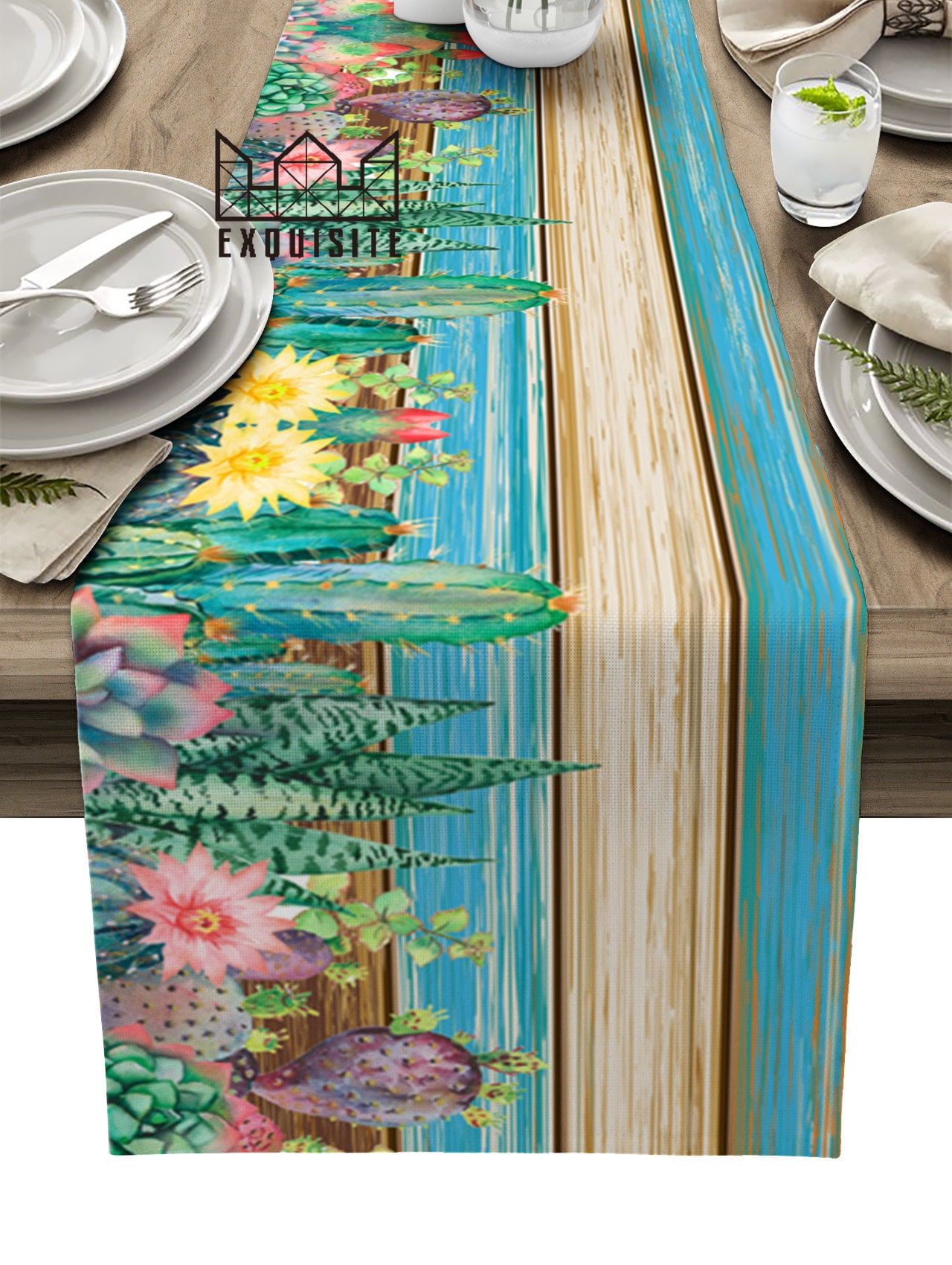 Blue Green Wood Grain Cactus Watercolor Texture Table Runner Decoration ...