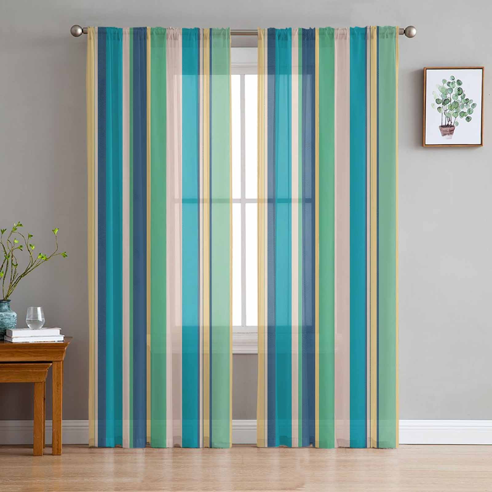 Blue Green Yellow Striped Sheer Curtains 96 Inches Long 2 Panels Set ...