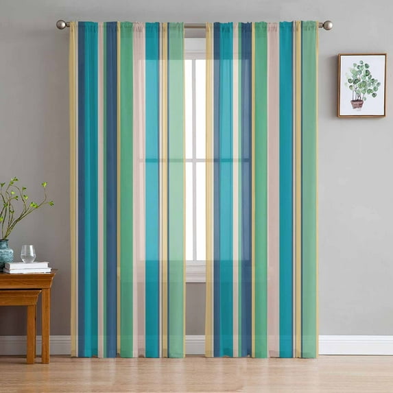 Blue Green Yellow Striped Sheer Curtains 96 Inches Long 2 Panels Set ...