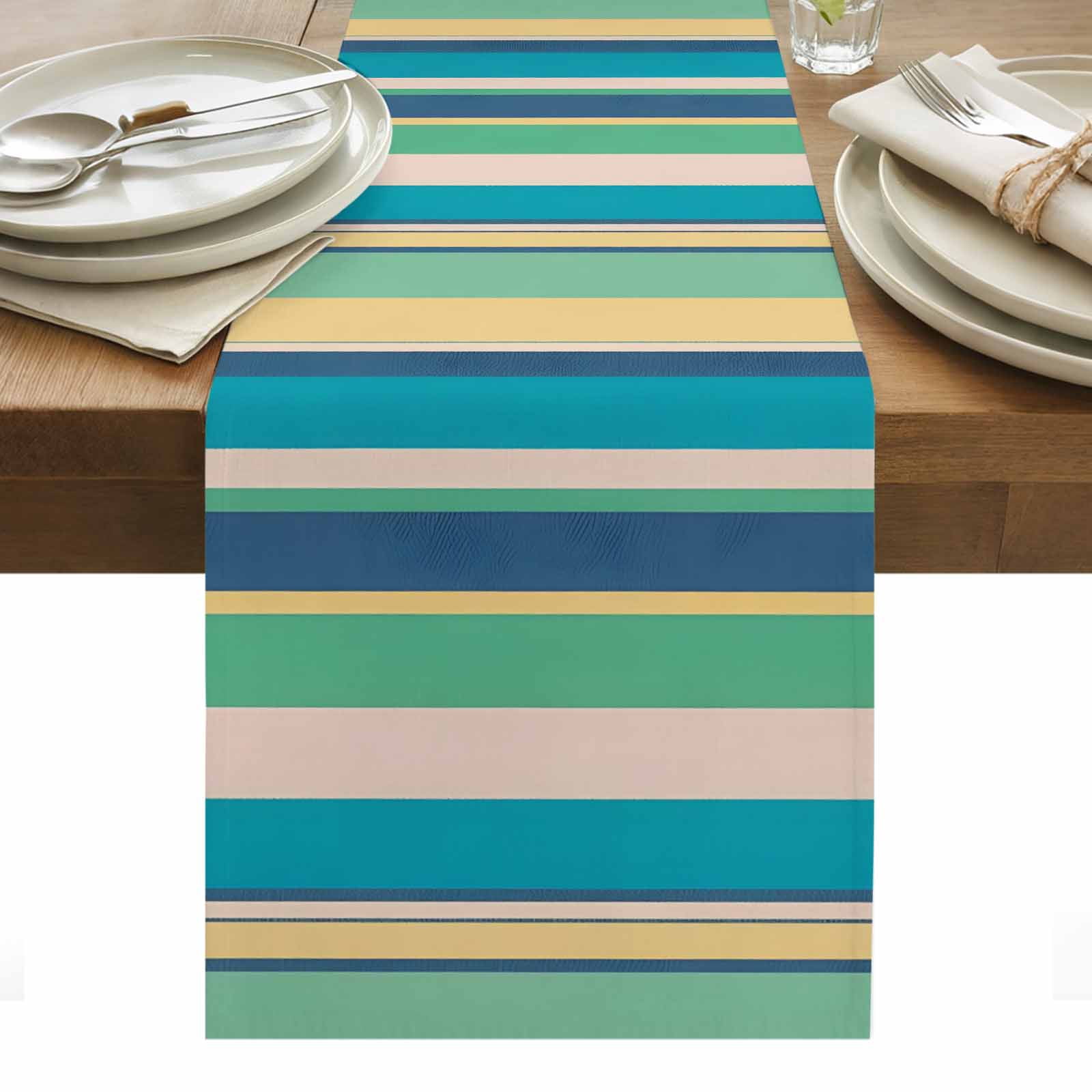 Blue Green Yellow Striped Table Runner - 120 Inch Long, Kitchen Dining ...
